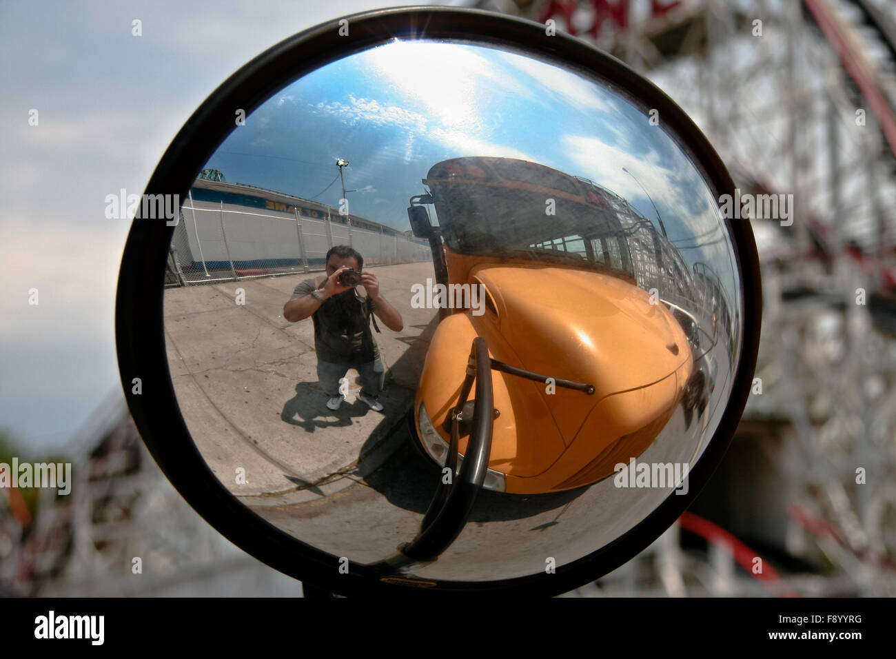 Shelf-portrait with the rear mirror of a school bus, Coney Island Stock ...