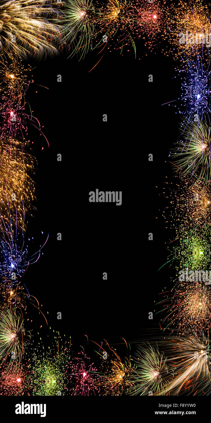 A colorful sparkling festive night photo frame with beautiful fireworks ...