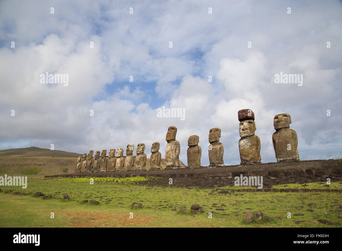 Photograph of the 15 moais at Ahu Tongariki on Easter Island in Chile ...