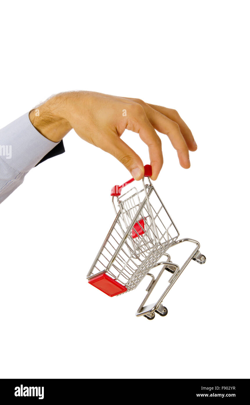 Hand holding shopping cart on white Stock Photo - Alamy