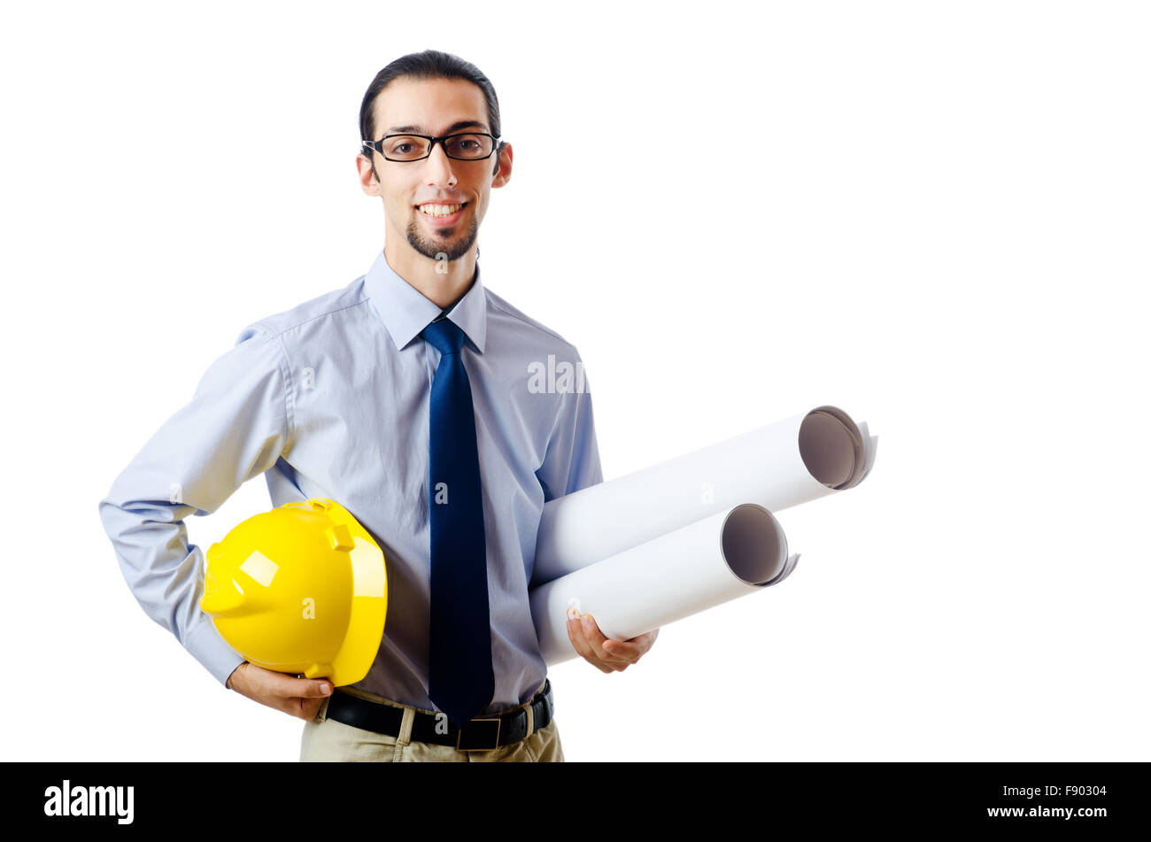 Engineer working with drawings on white Stock Photo - Alamy