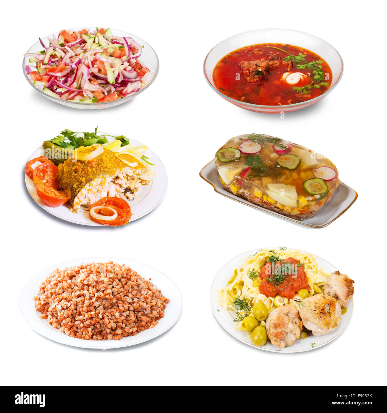 Set of few plates with food over white background Stock Photo - Alamy