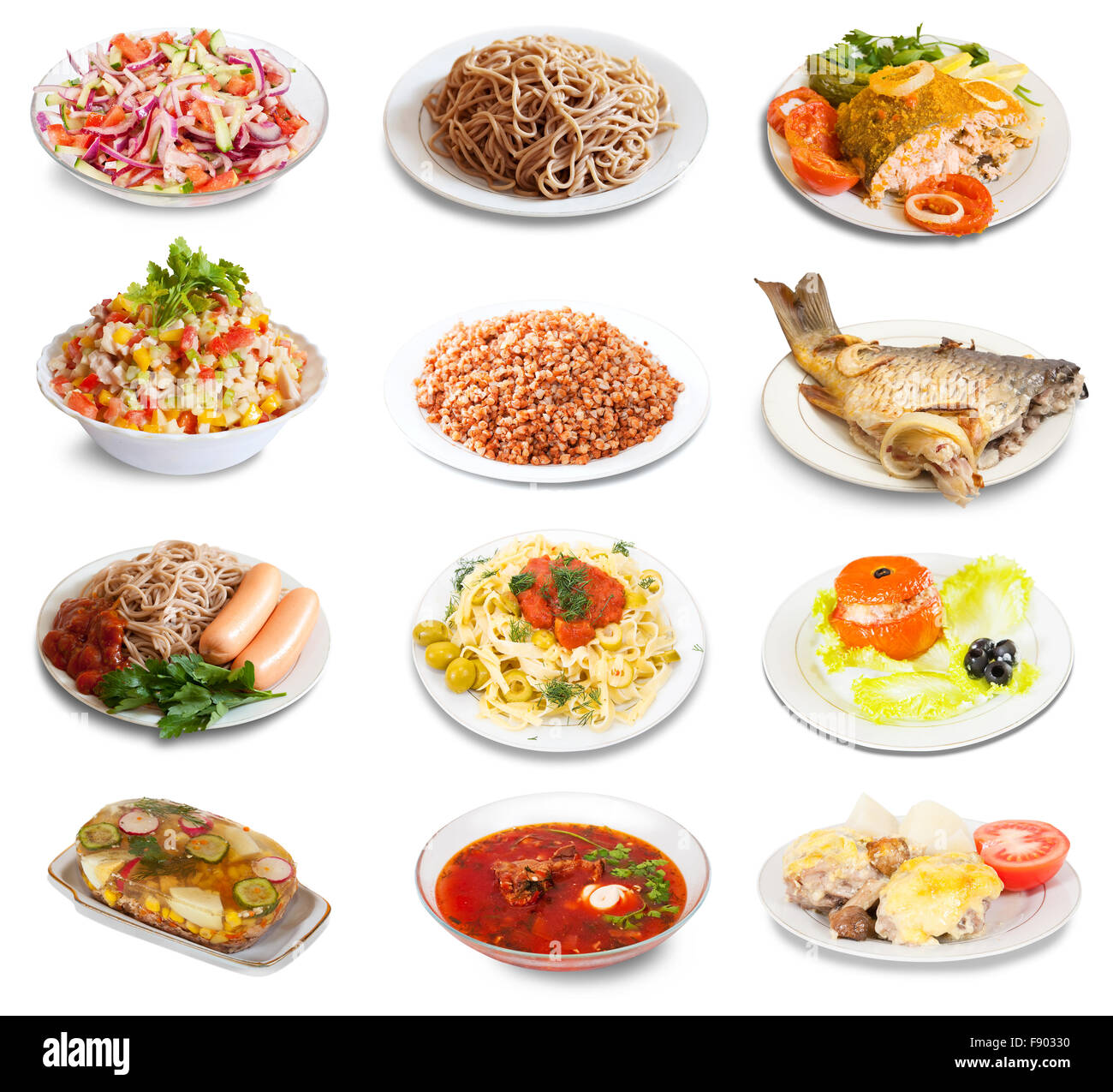 Set of group plates with food over white background Stock Photo - Alamy