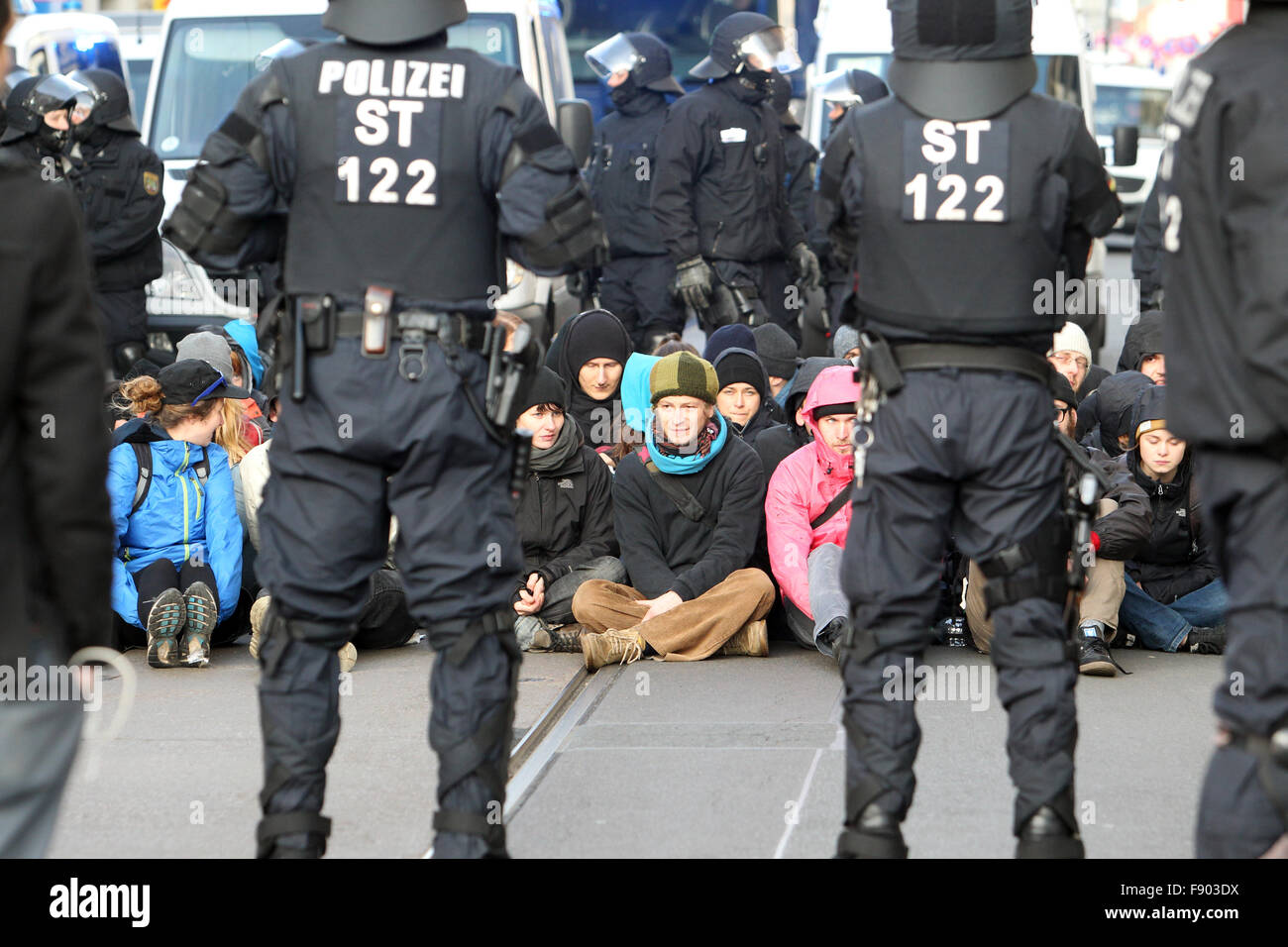 Leipzig, Germany. 12th Dec, 2015. Members of German police lined up at ...
