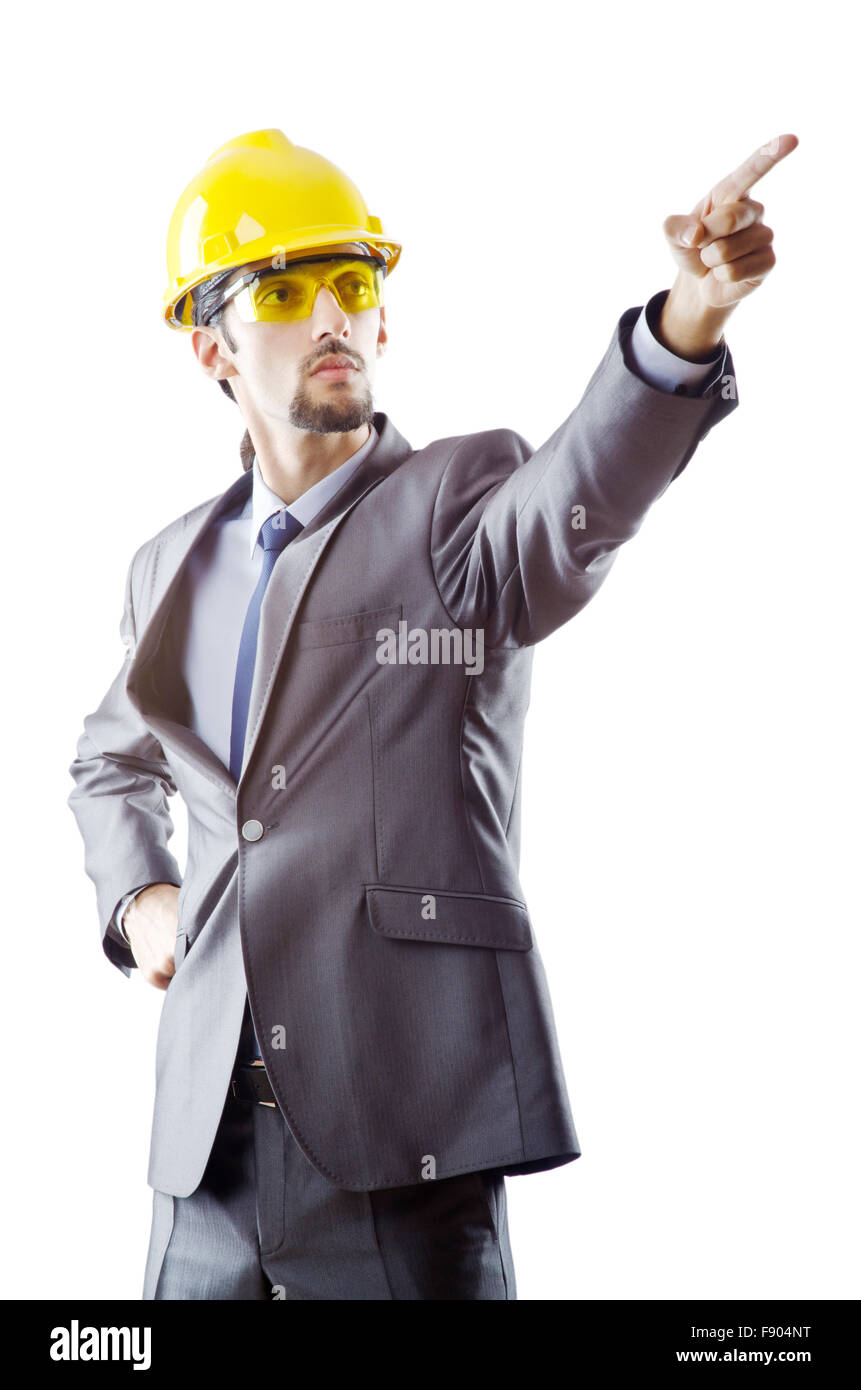 Man with hard hat on white Stock Photo - Alamy