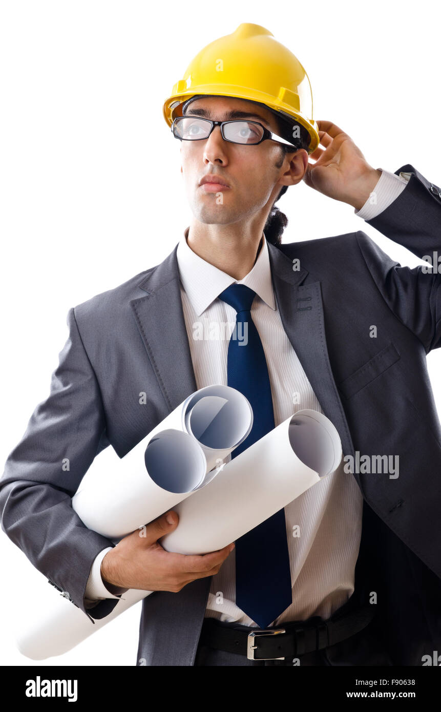 Young architect with drawings isolated on white Stock Photo - Alamy