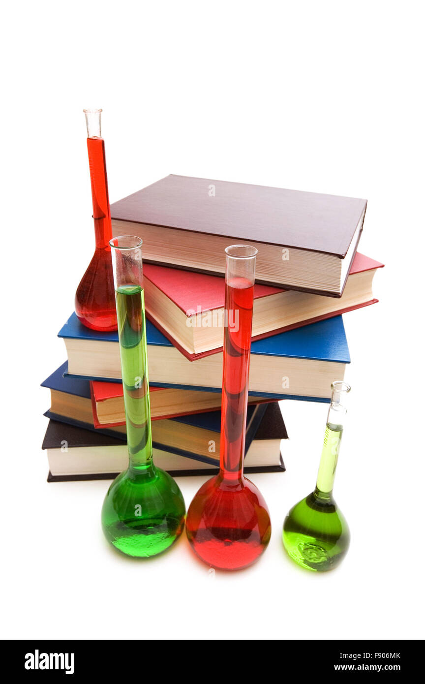 Chemistry concept with tubes and books on white Stock Photo - Alamy
