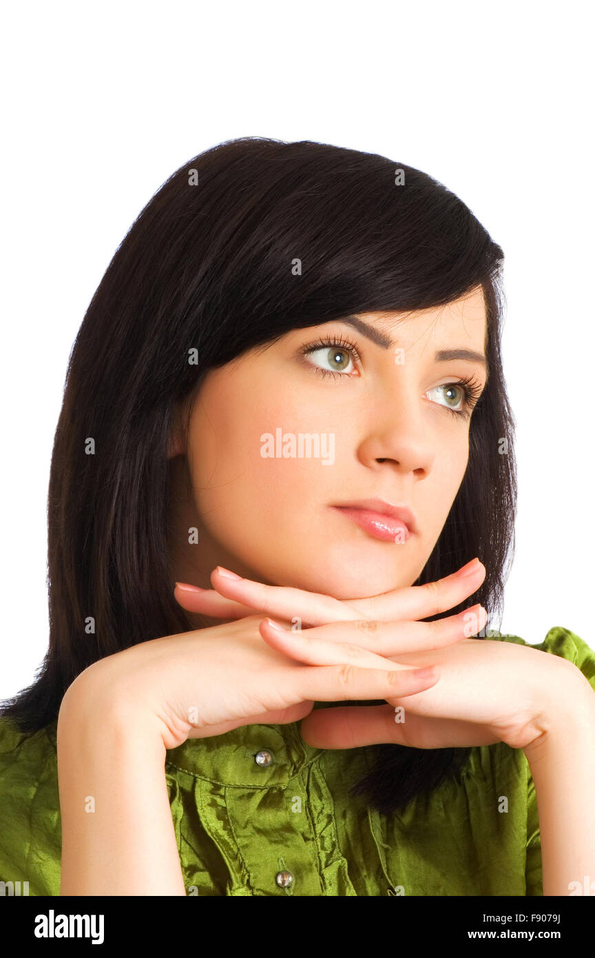 Young girl isolated on white looking to the left Stock Photo - Alamy