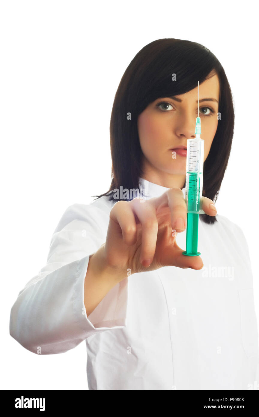 Woman checking syringe isolated on the white Stock Photo - Alamy
