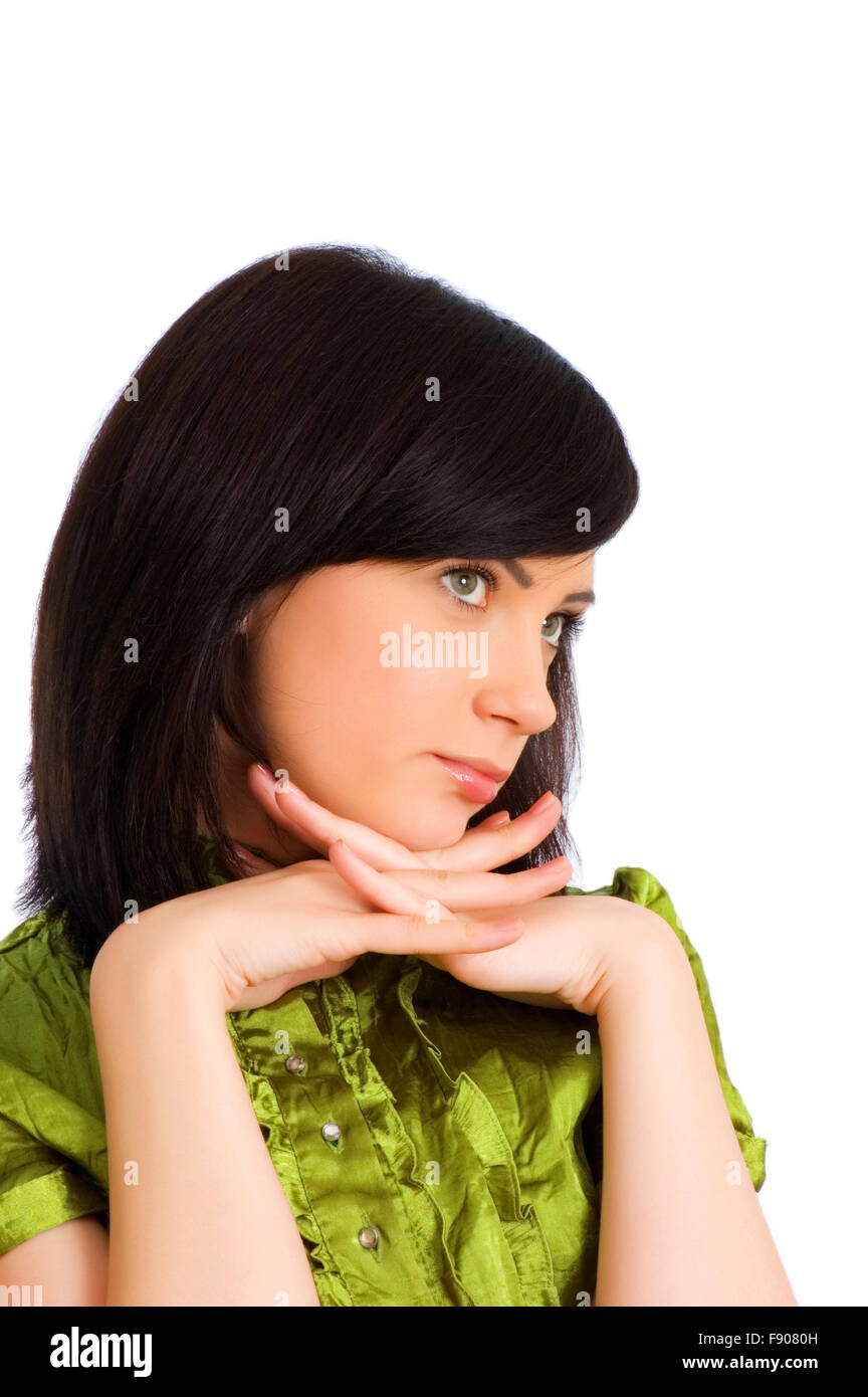 Young girl isolated on white looking to the left Stock Photo - Alamy