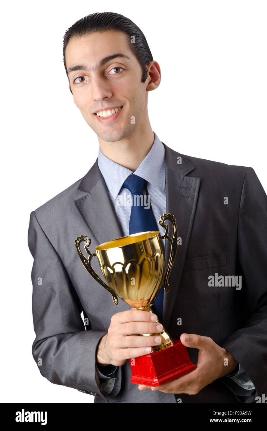 Man being awarded with golden cup Stock Photo - Alamy