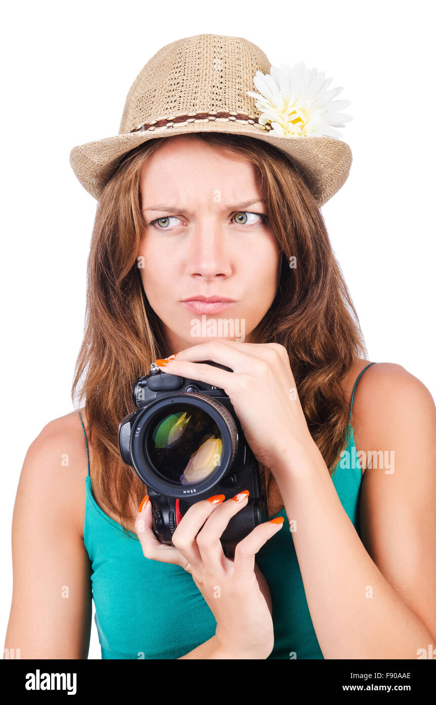 Attractive female photographer on white Stock Photo - Alamy