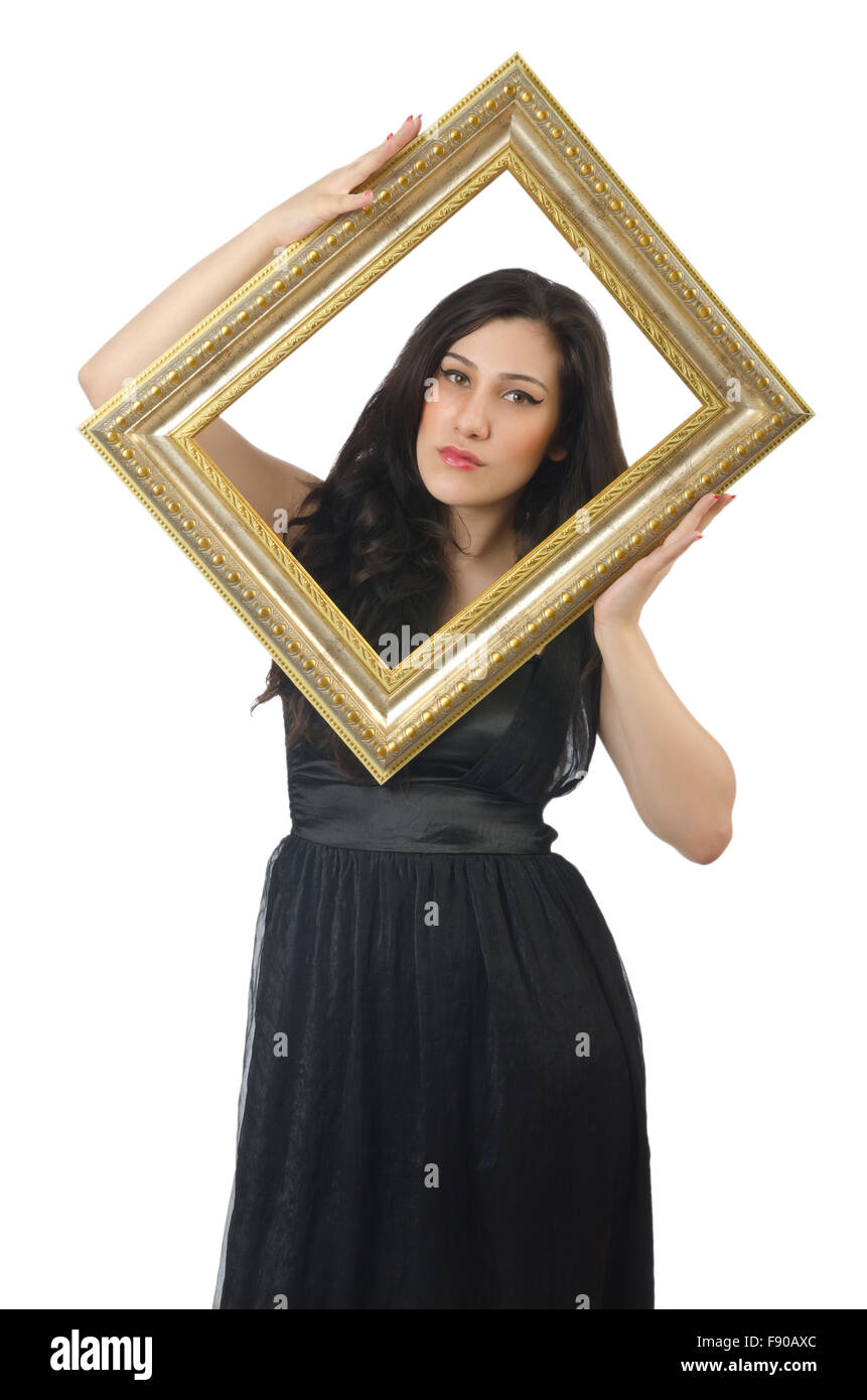 Woman with picture frame on white Stock Photo - Alamy
