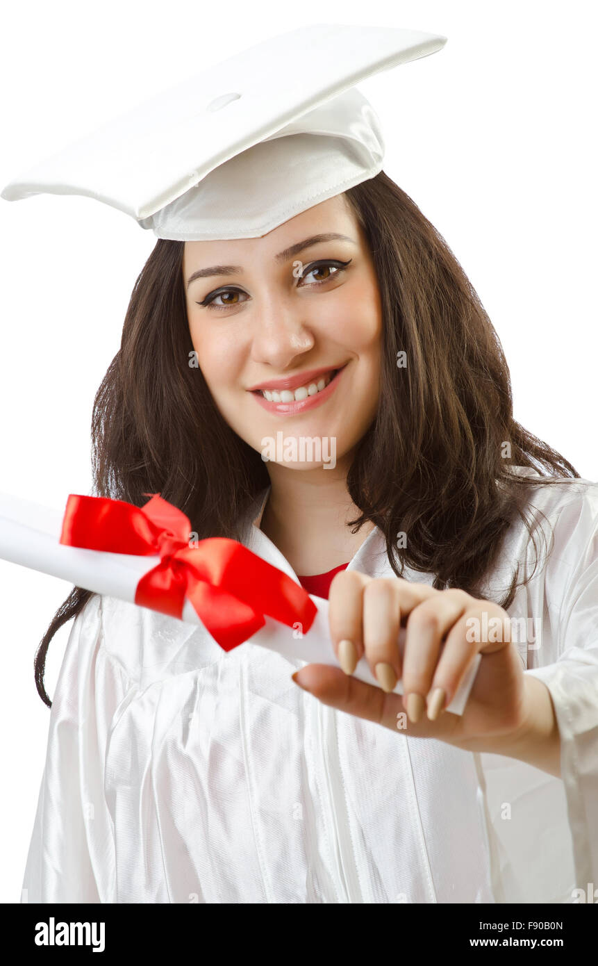 Happy student celebrating graduation on white Stock Photo - Alamy