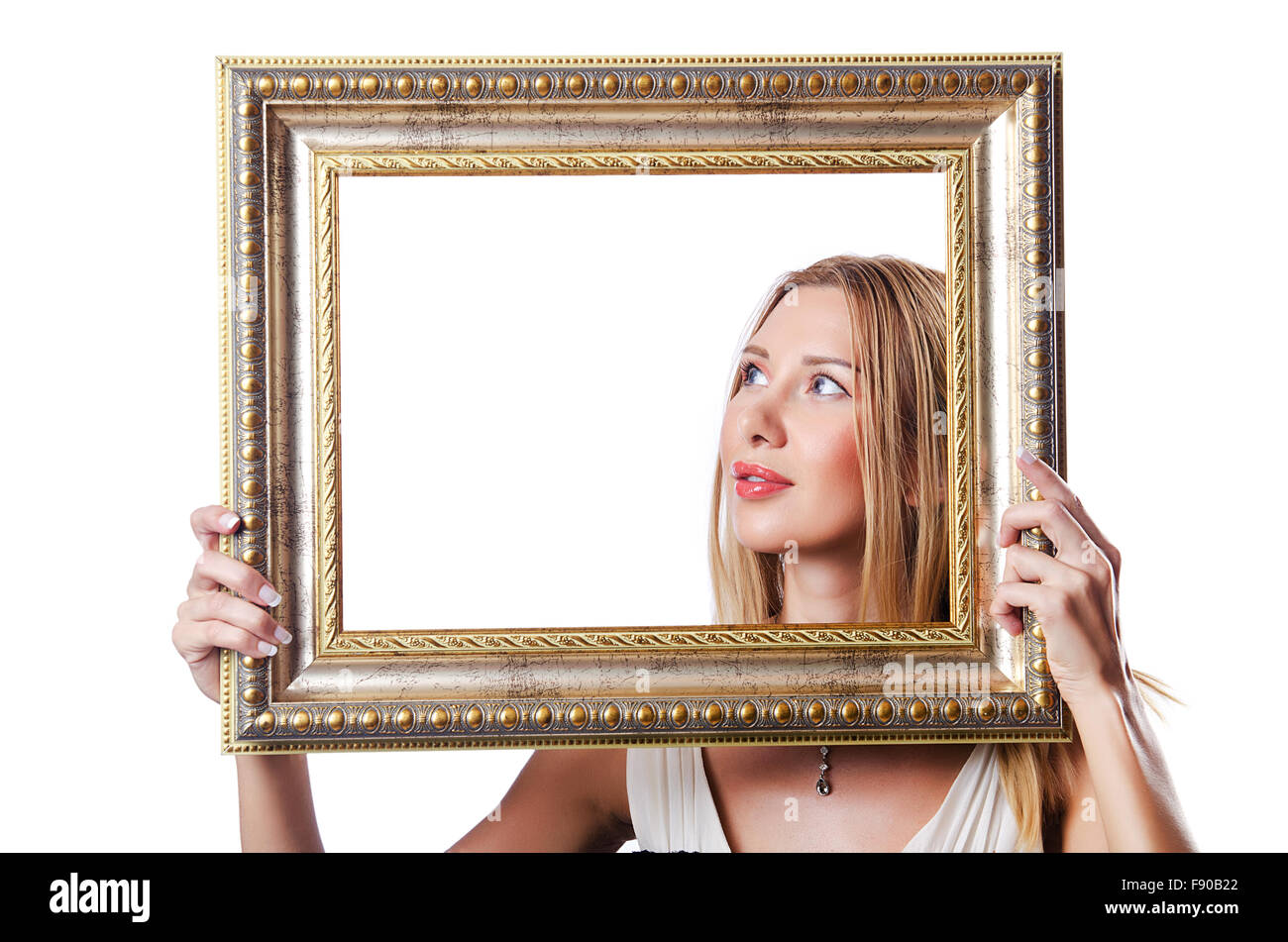 Woman with picture frames on white Stock Photo - Alamy