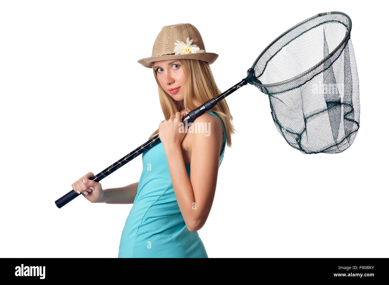Attractive woman in butterfly catch Stock Photo - Alamy