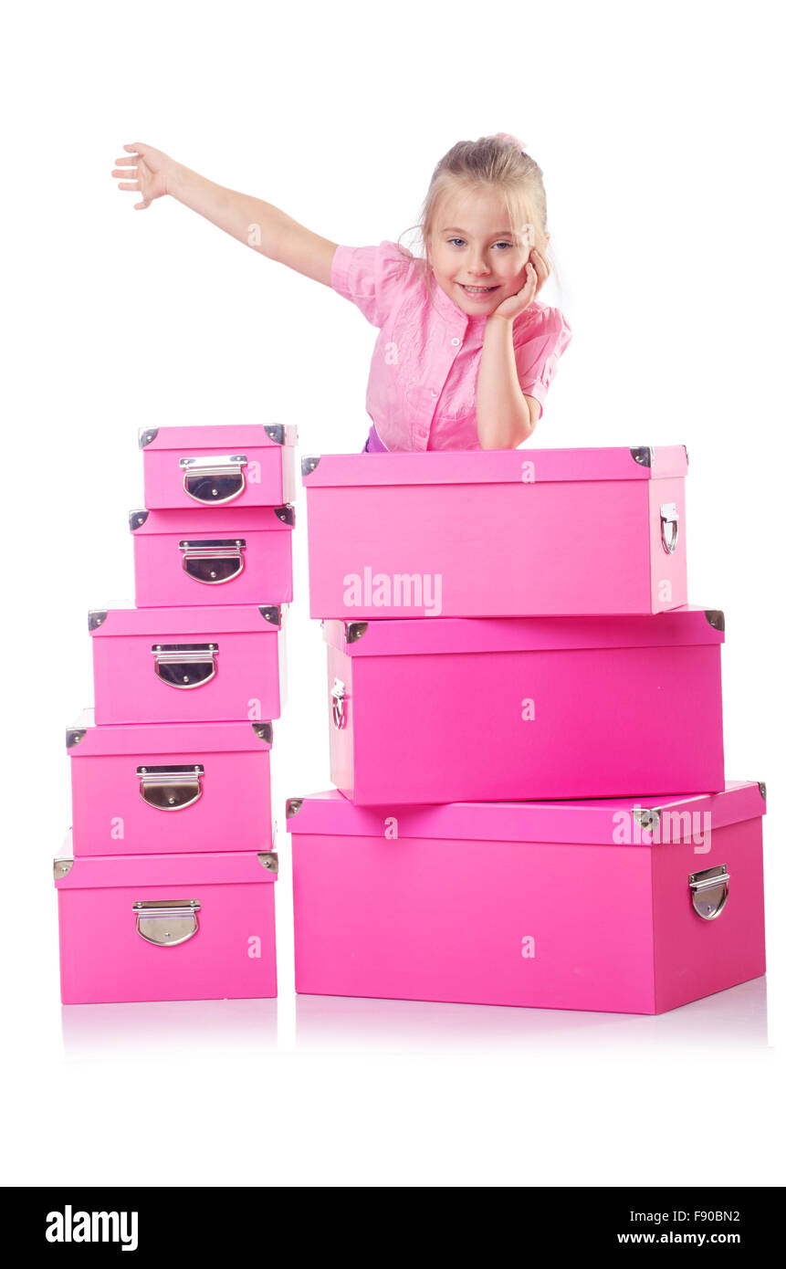 Little cute girl with lots of boxes Stock Photo - Alamy