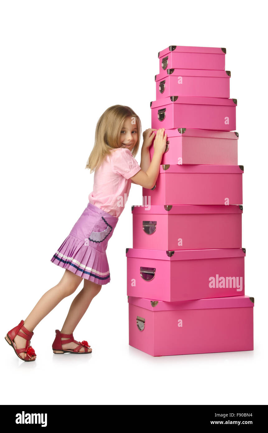 Little cute girl with lots of boxes Stock Photo - Alamy