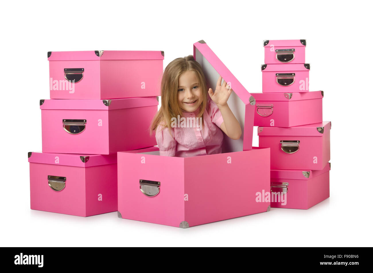 Little cute girl with lots of boxes Stock Photo - Alamy
