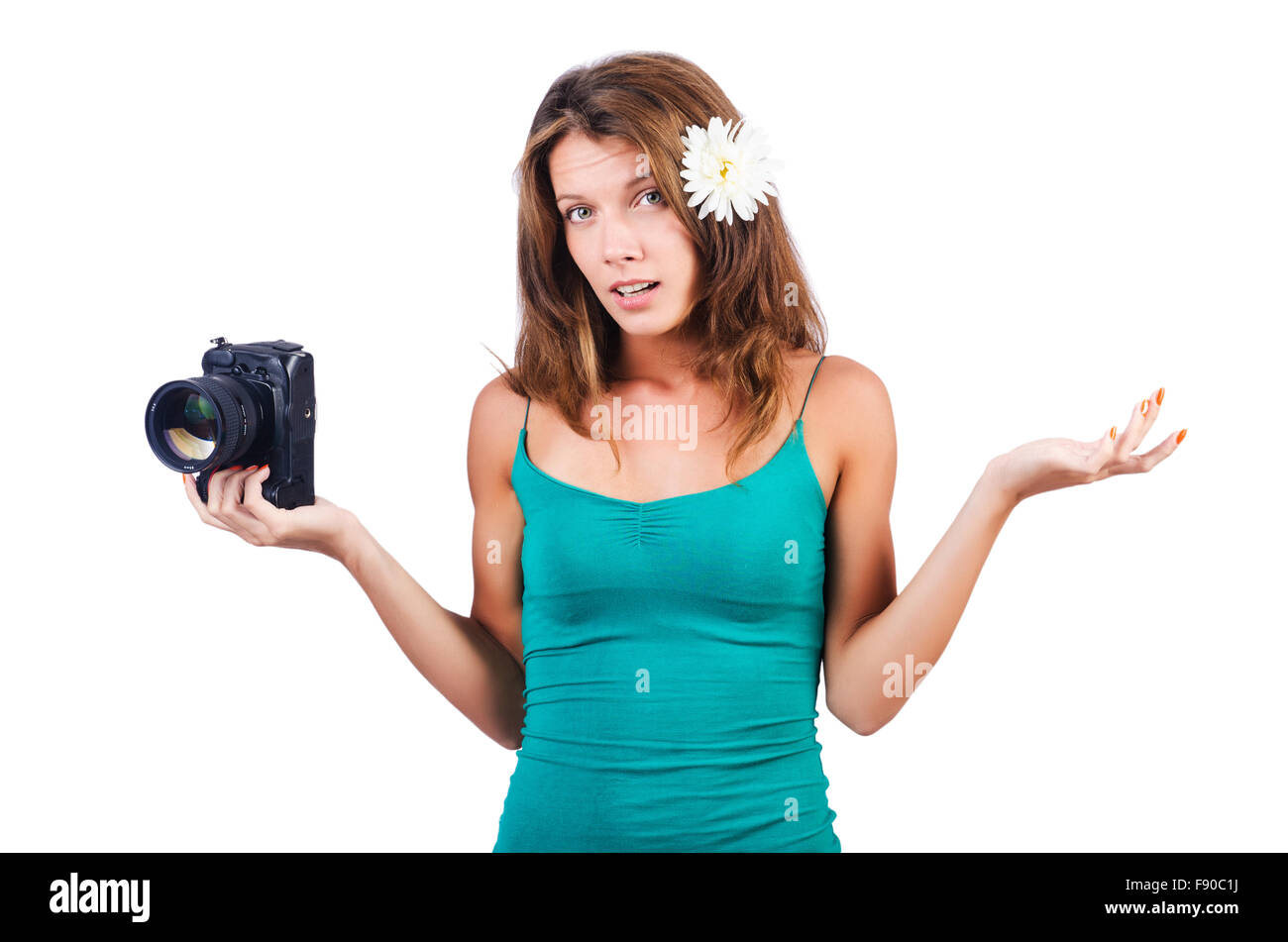 Attractive female photographer on white Stock Photo - Alamy