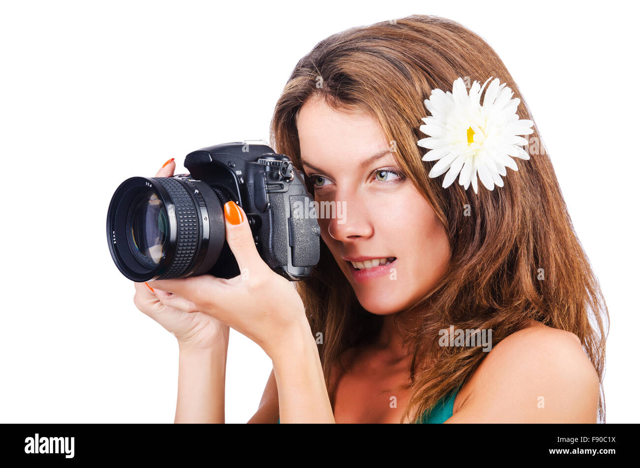 Attractive female photographer on white Stock Photo - Alamy