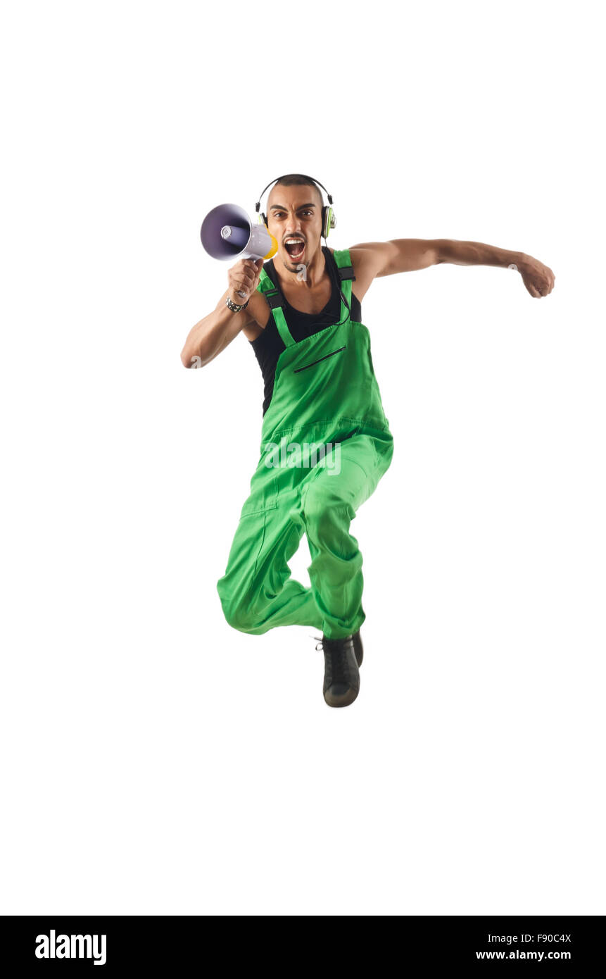 Construction worker jumping and dancing Stock Photo - Alamy