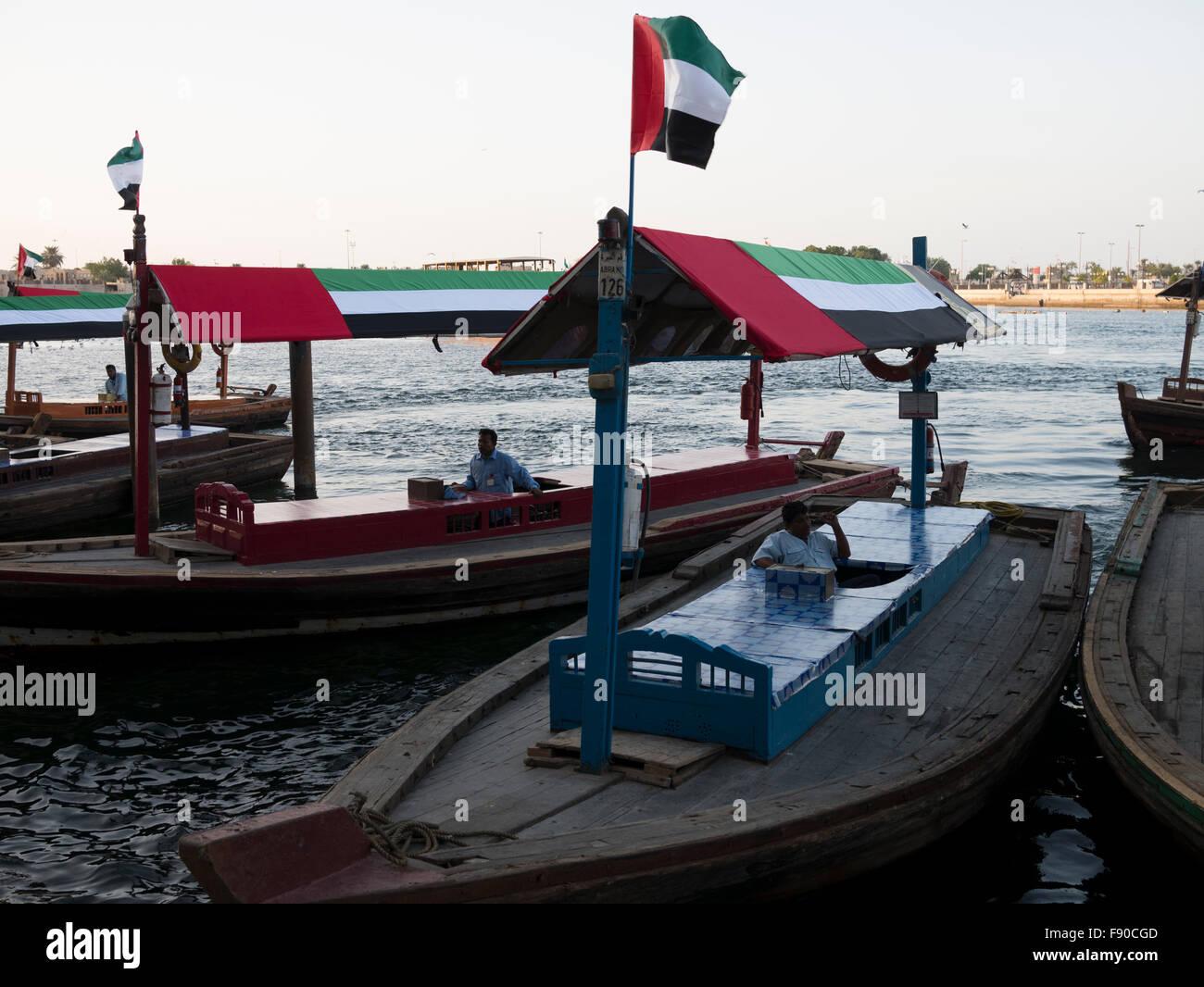 Dubai water transport; the abra (boat) managed by RTA Dubai waiting for ...