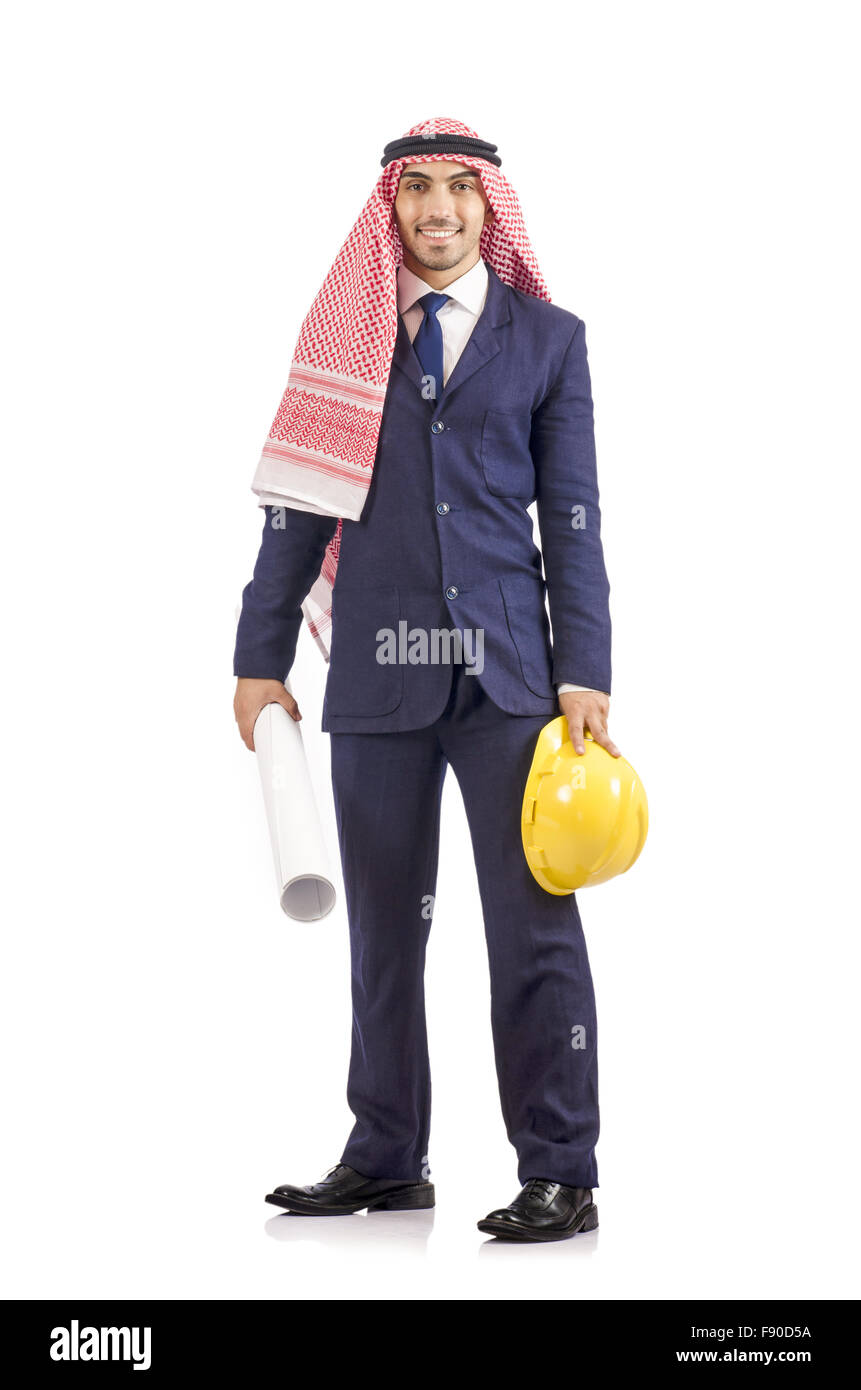 Arab engineer with drawings on white Stock Photo - Alamy