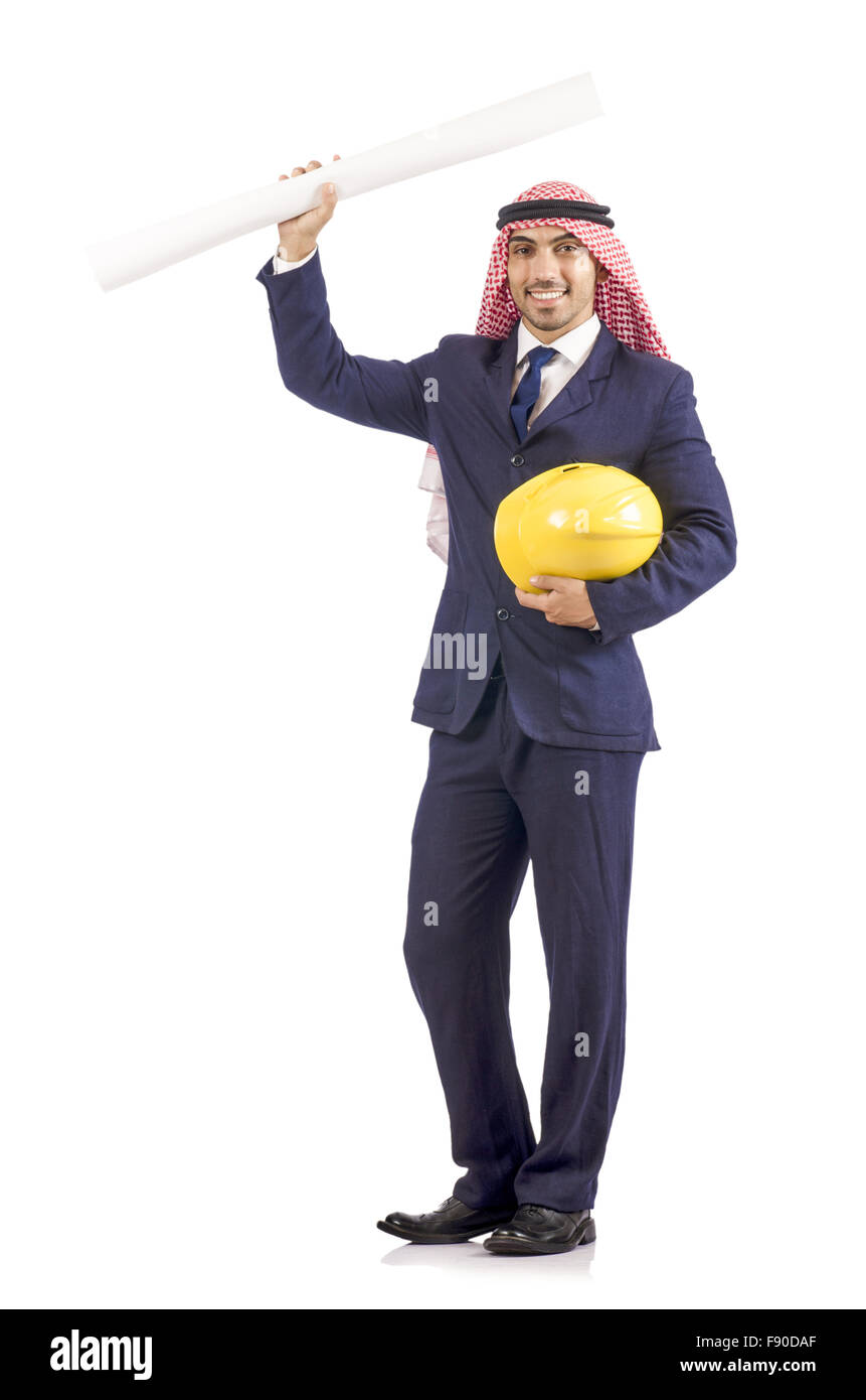 Arab engineer with drawings on white Stock Photo - Alamy