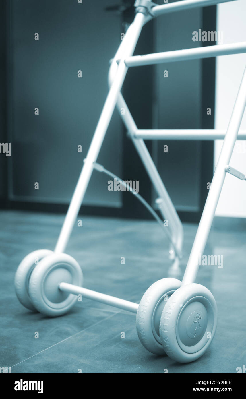 Old person walker frame with wheels in retirement home to help old age ...