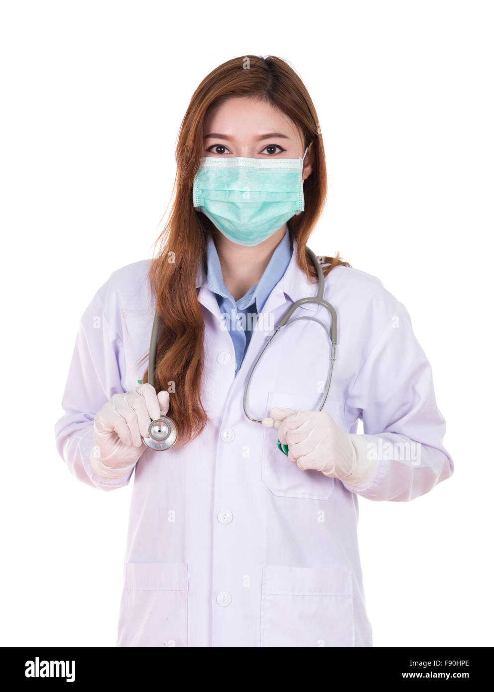Female doctor with mask and stethoscope isolated on white background ...
