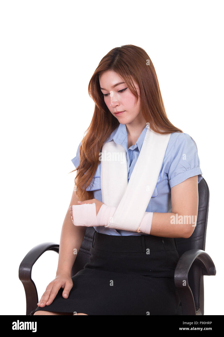 woman with an injured arm wrapped in an Elastic Bandage isolated on ...