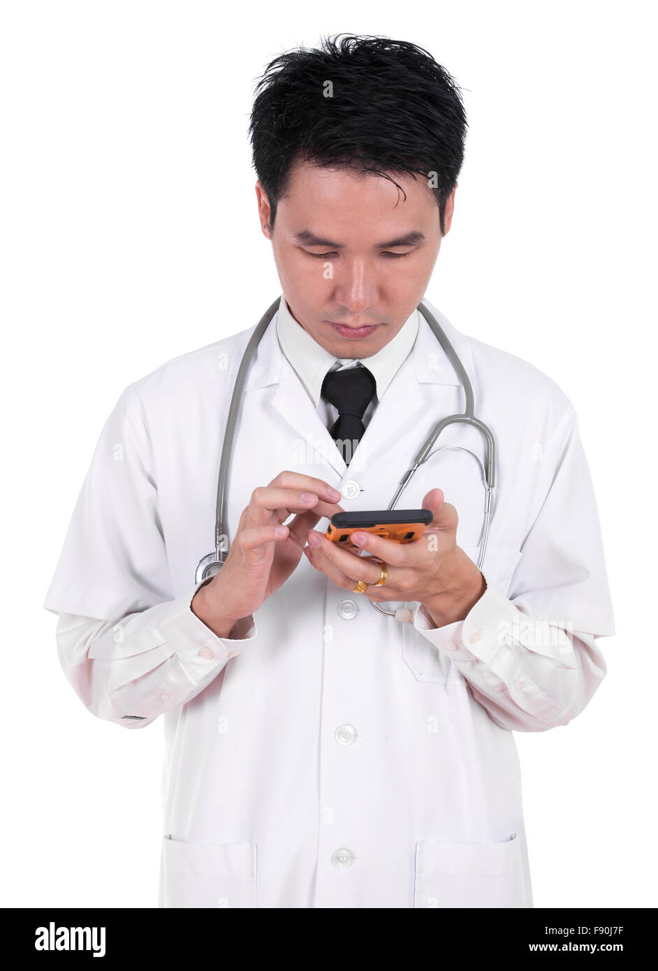 doctor using smart phone isolated on white background Stock Photo - Alamy