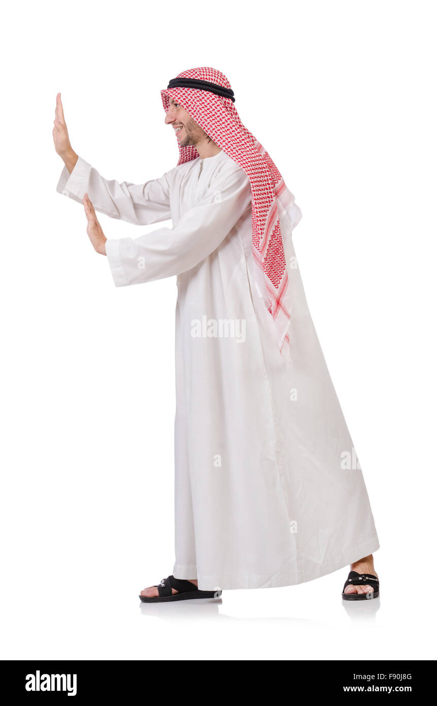 Arab man pushing away virtual obstacle isolated on white Stock Photo ...