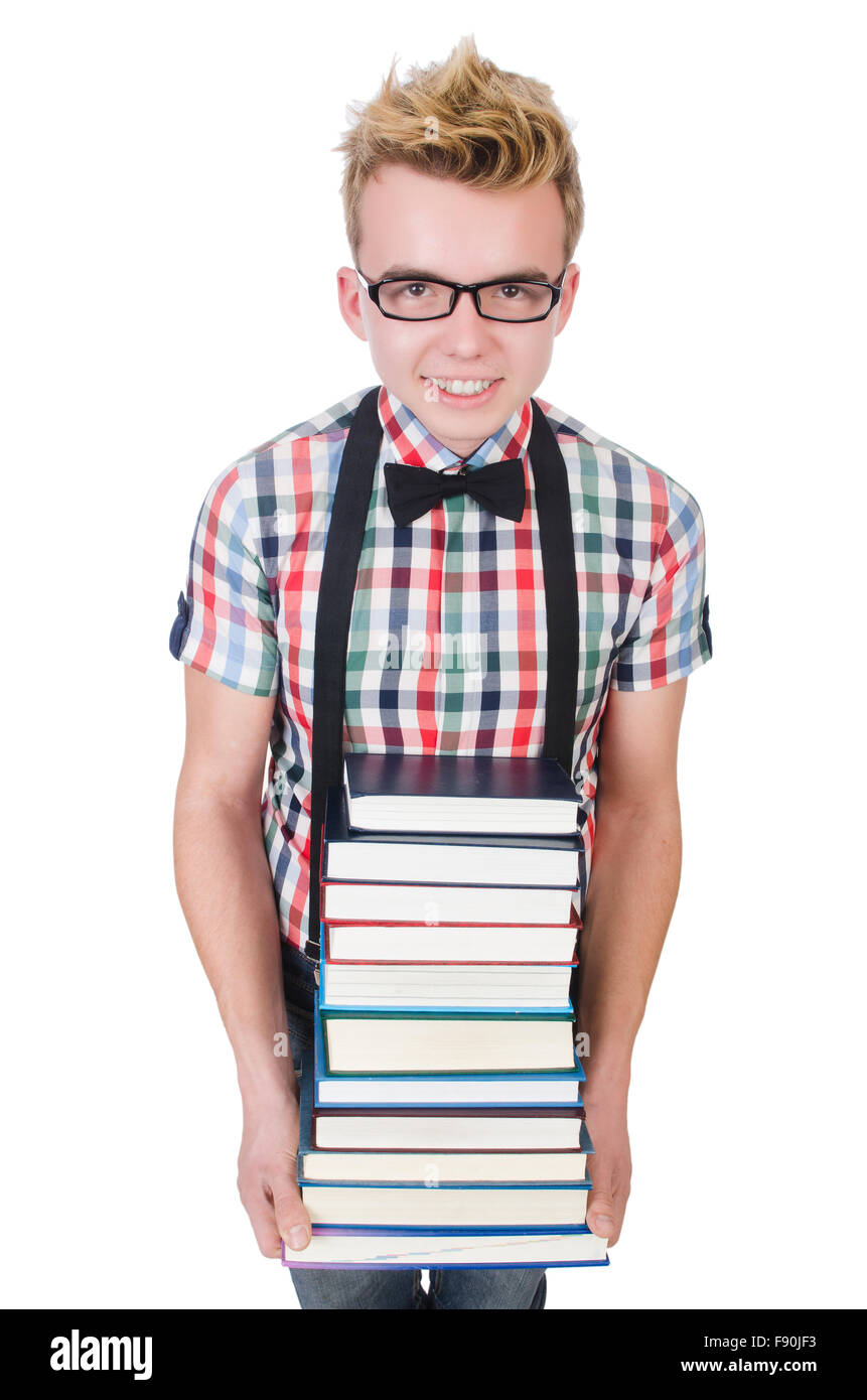 Funny student with stack of books Stock Photo - Alamy