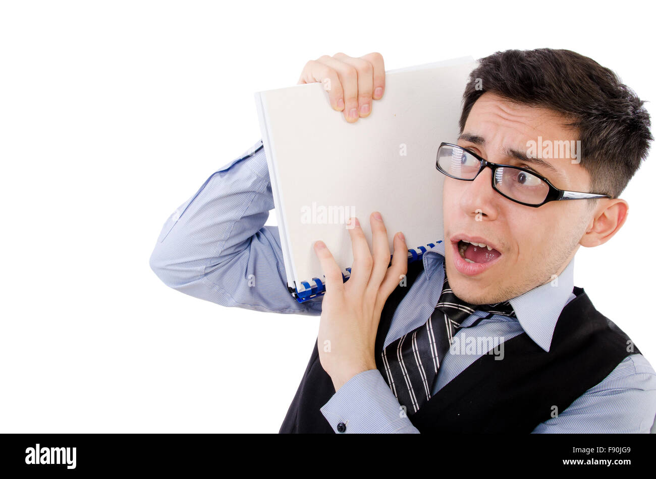 Funny man with lots of folders on white Stock Photo - Alamy