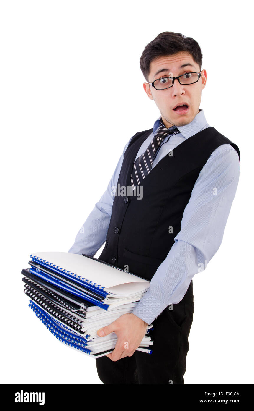 Funny man with lots of folders on white Stock Photo - Alamy