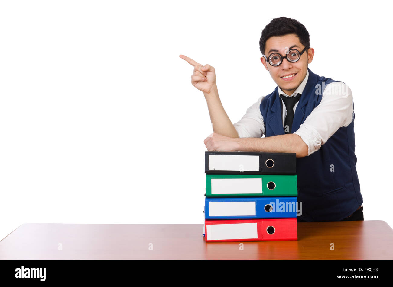 Funny man with lots of folders on white Stock Photo - Alamy