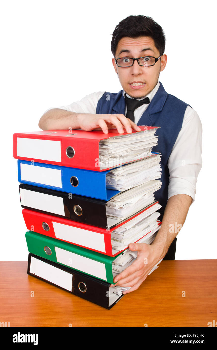 Funny man with lots of folders on white Stock Photo - Alamy