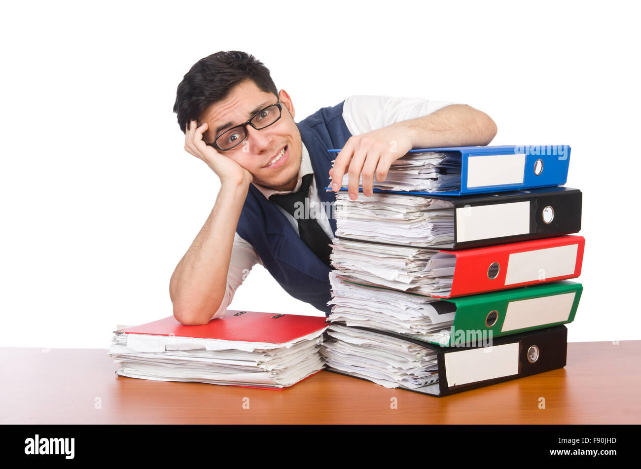 Funny man with lots of folders on white Stock Photo - Alamy