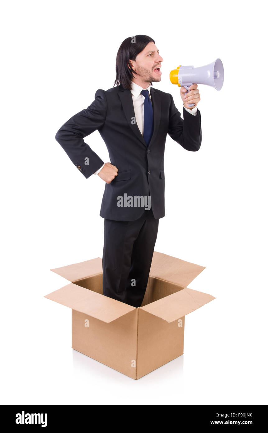 Man with loudspeaker in the box Stock Photo - Alamy