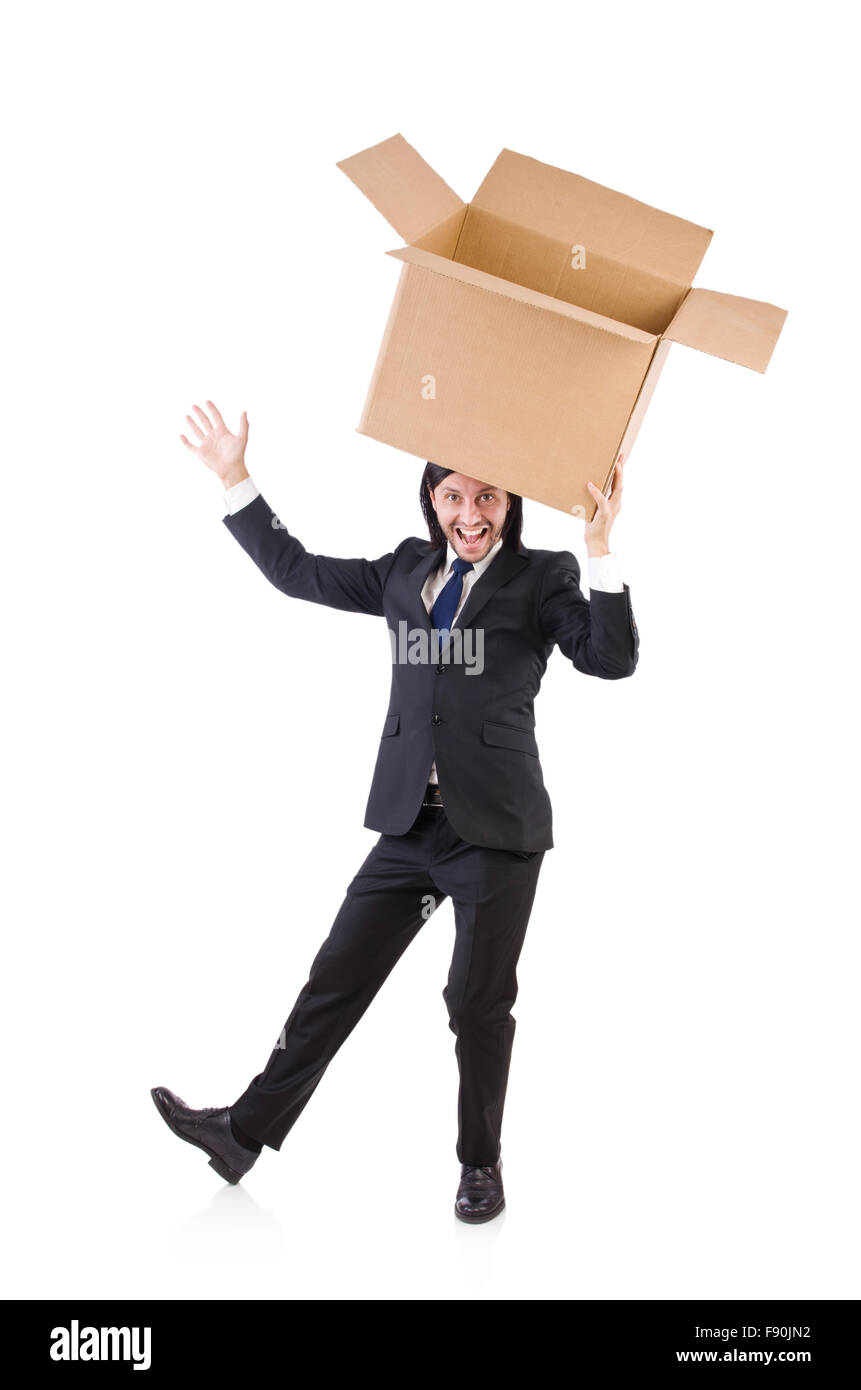 Funny man with boxes on white Stock Photo - Alamy
