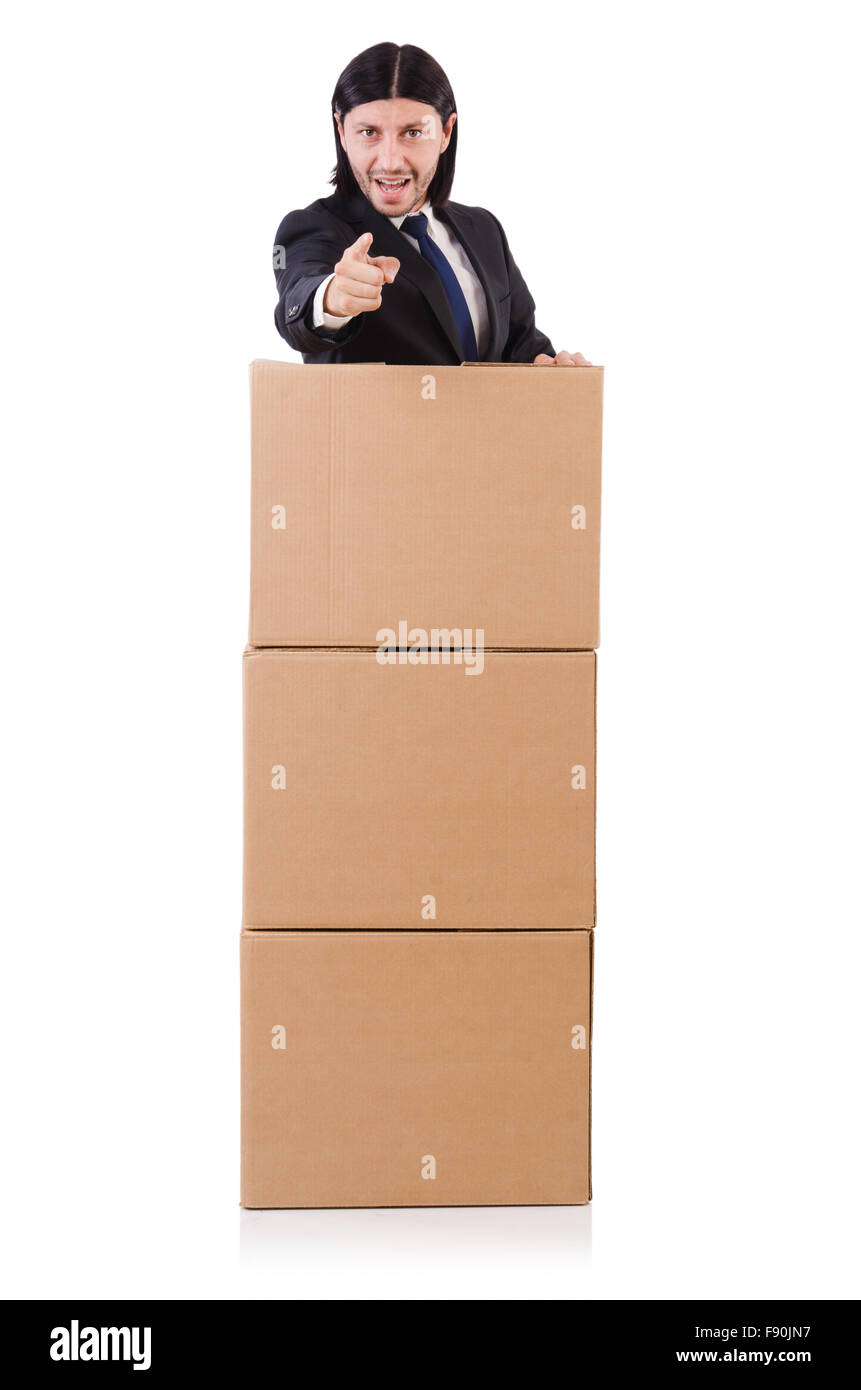 Funny man with boxes on white Stock Photo - Alamy