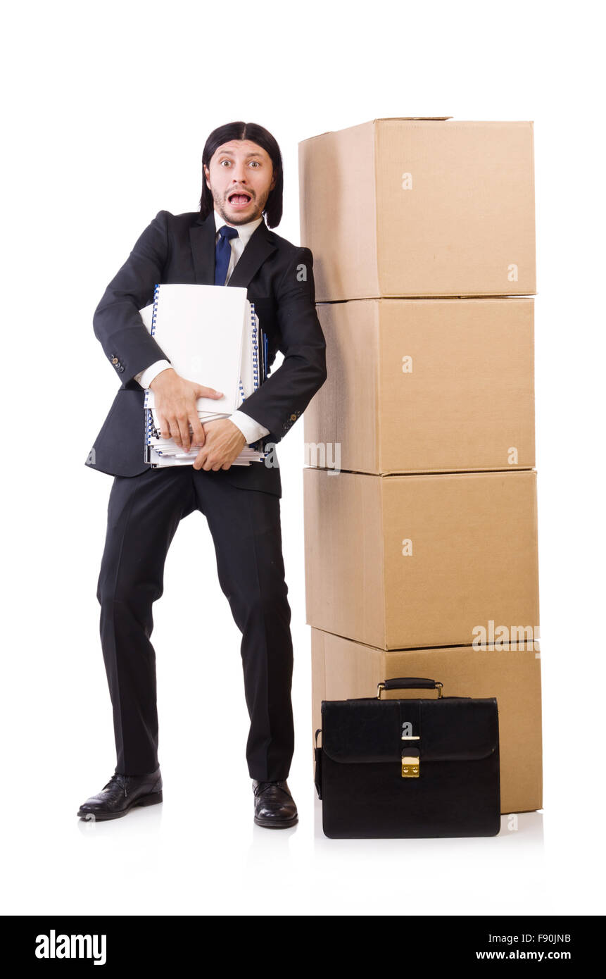 Man with boxes full of work Stock Photo - Alamy