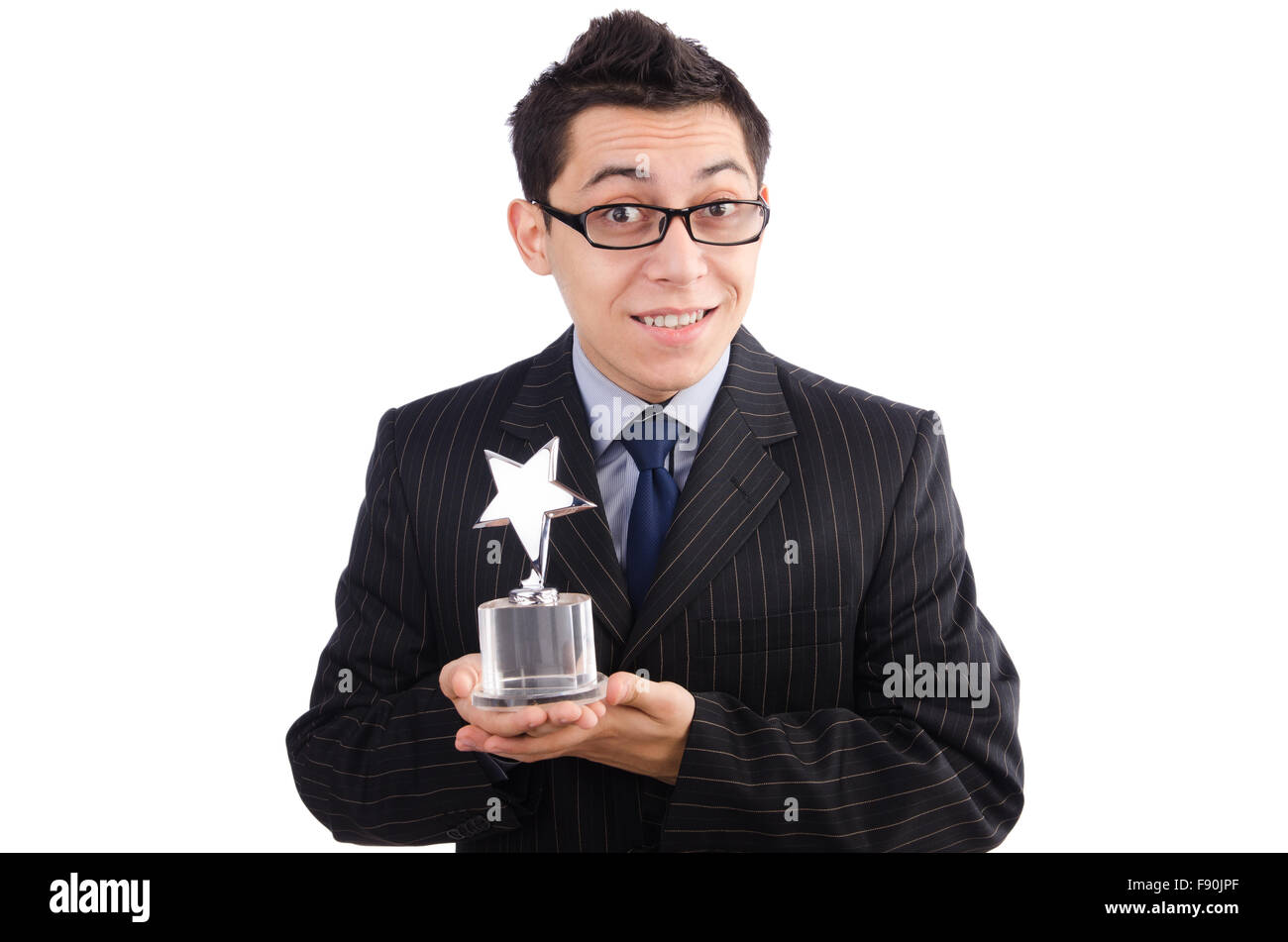 Funny guy receiving award on white Stock Photo - Alamy