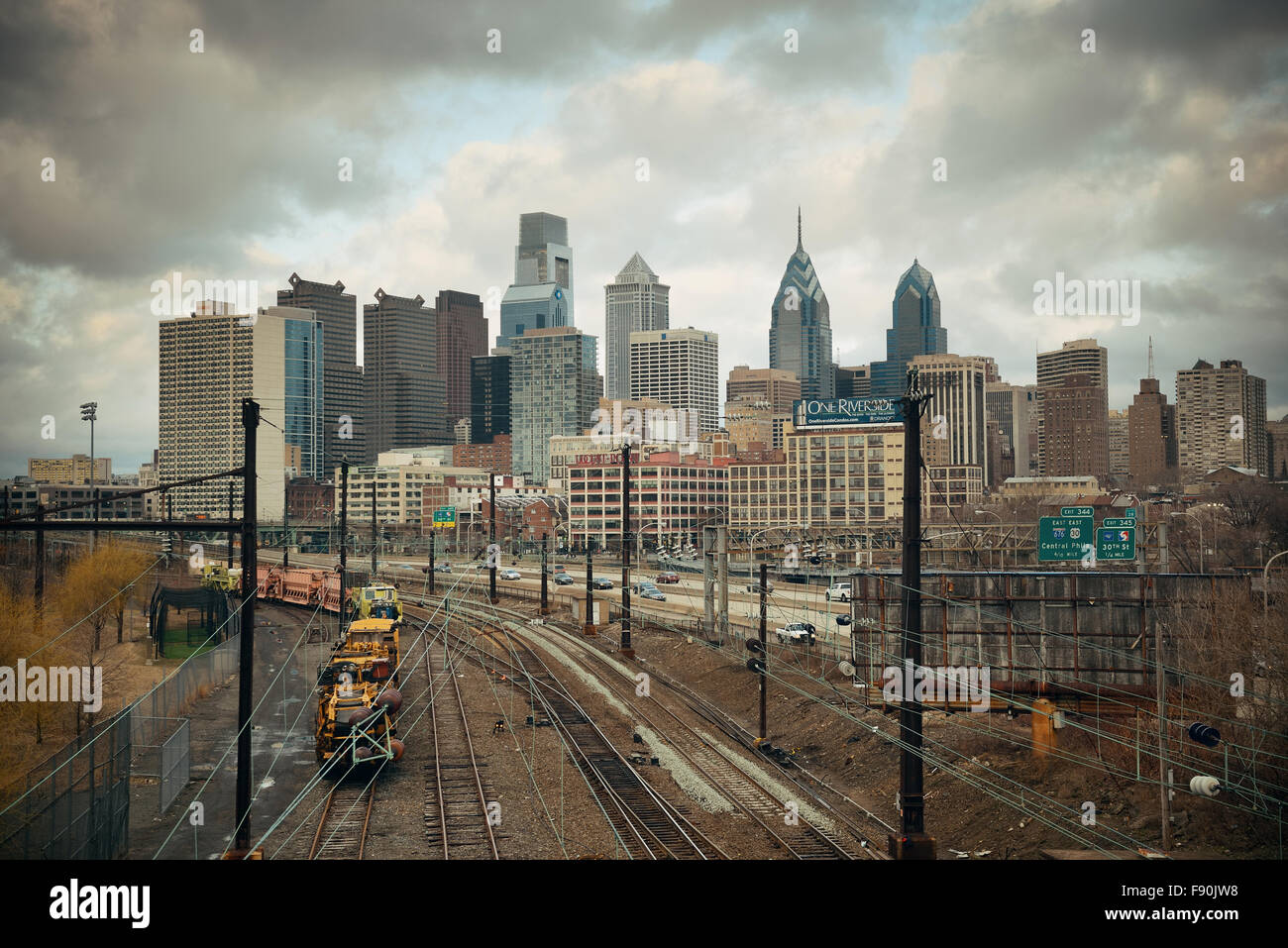 PHILADELPHIA, PENNSYLVANIA - MAR 26: city skyline with cargo train on ...