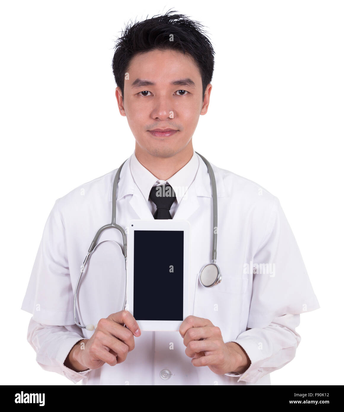 doctor showing tablet computer blank screen isolated on white ...