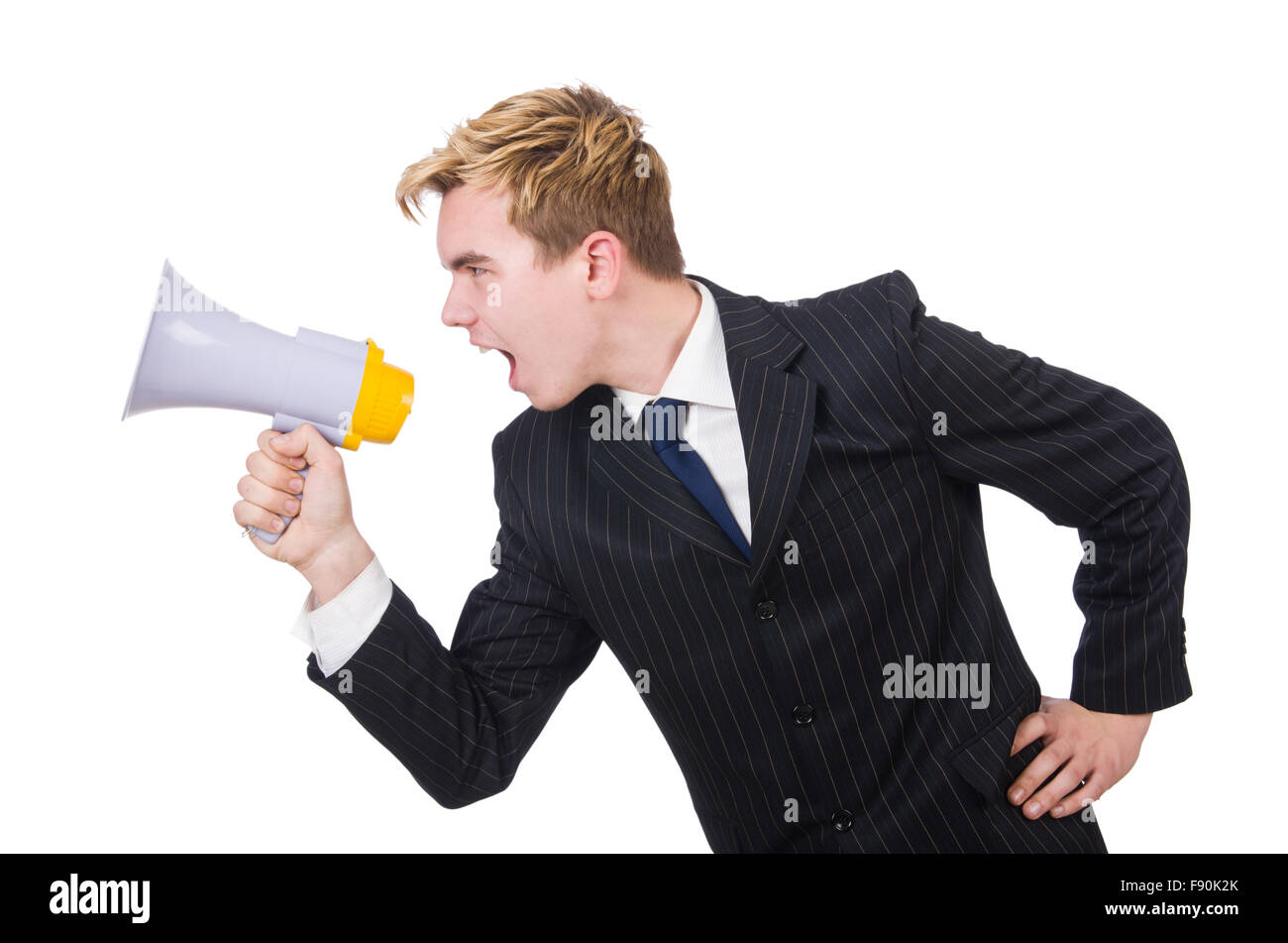 Funny man with loudspeaker on white Stock Photo - Alamy