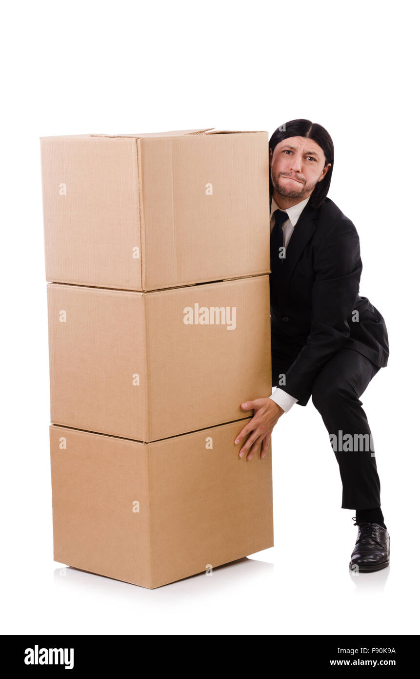 Funny man with boxes on white Stock Photo - Alamy