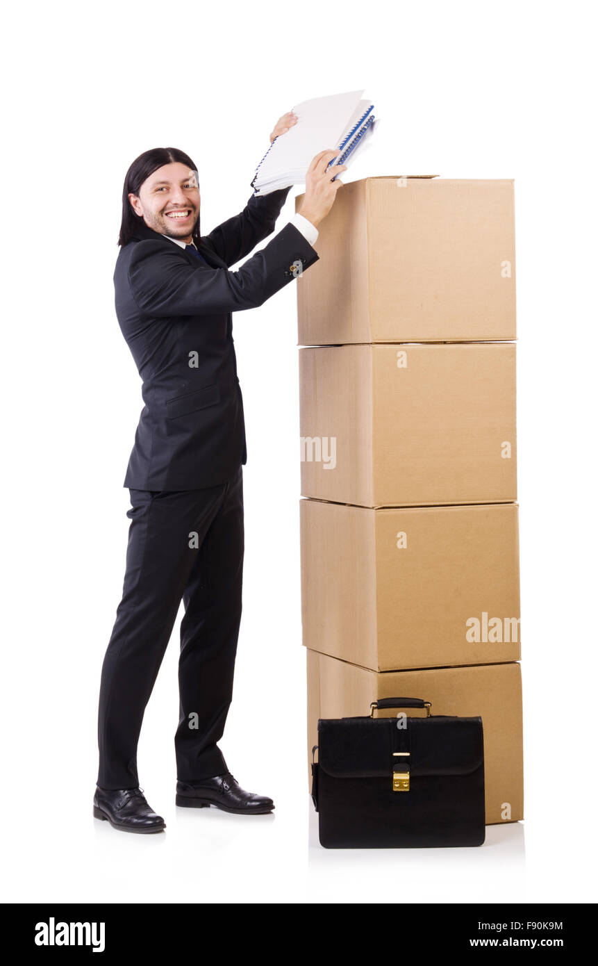 Man with boxes full of work Stock Photo - Alamy